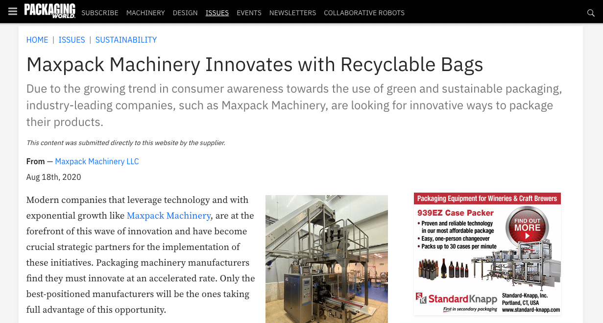 Maxpack Machinery Innovates with Recyclable Bags - Packaging World